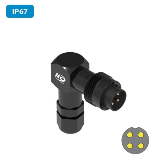 Conector M16 macho para cabo 90° IP67 10 amperes - ITC Conectores