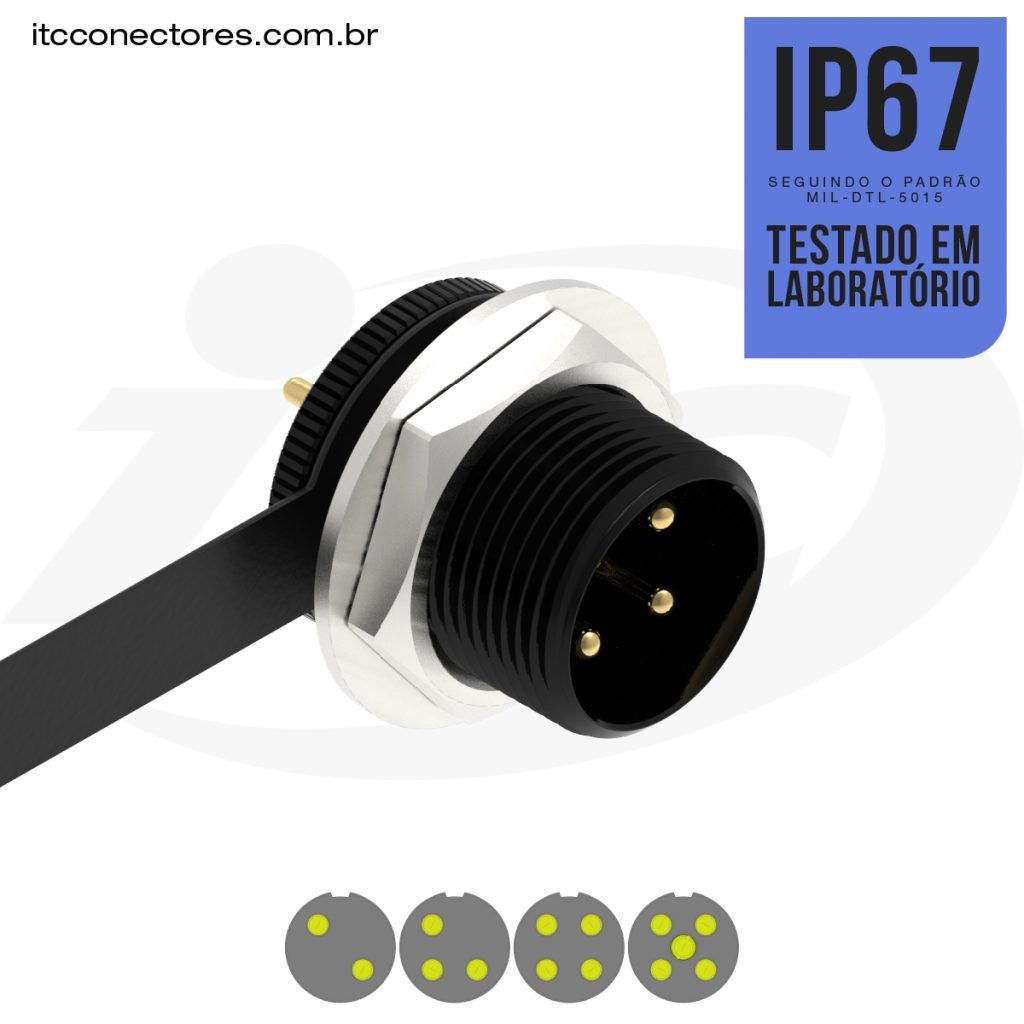 Conector M16 macho para painel redonda IP67 10 amperes PCI - ITC Conectores