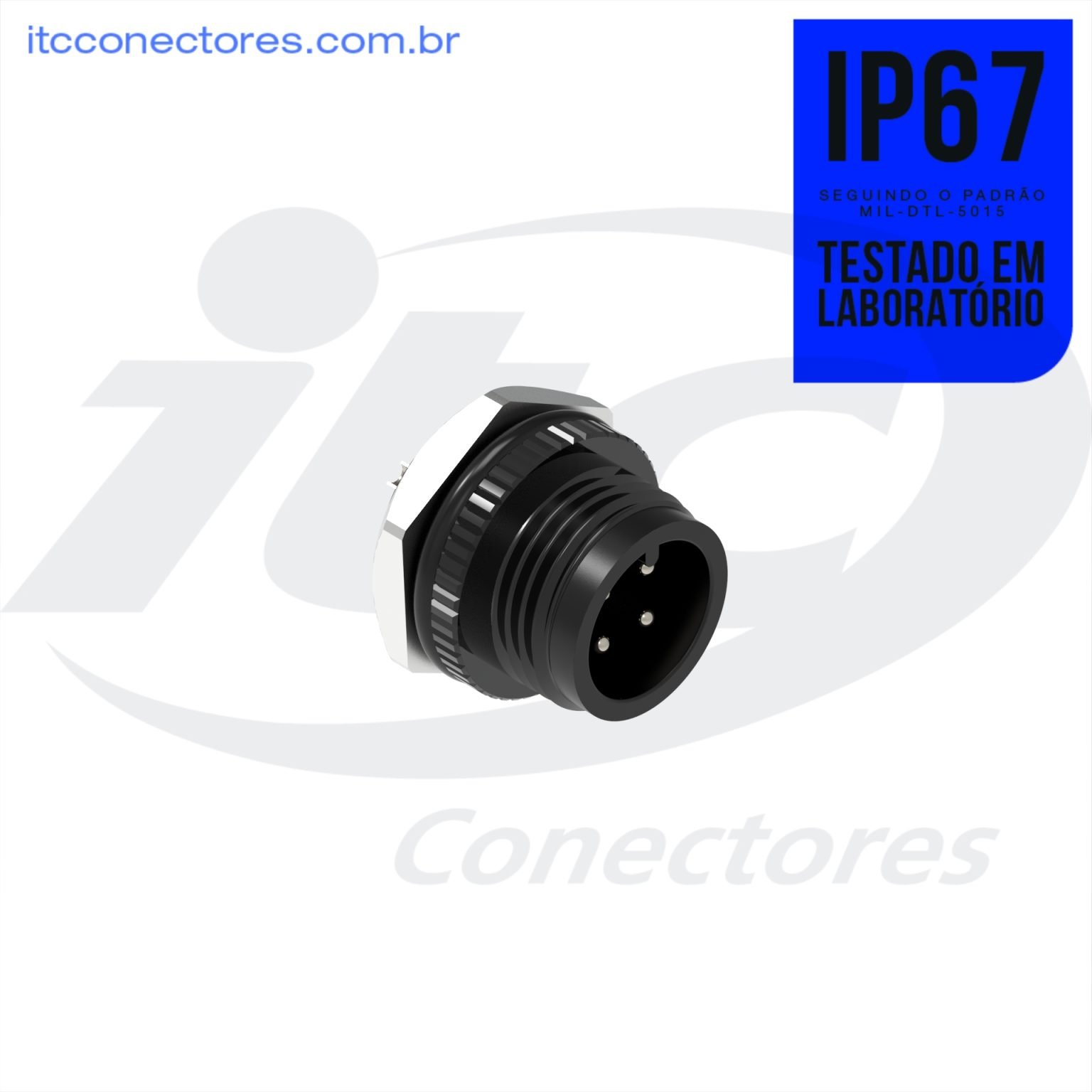 Conector M13 macho para painel redonda IP67 3 ampere - ITC Conectores
